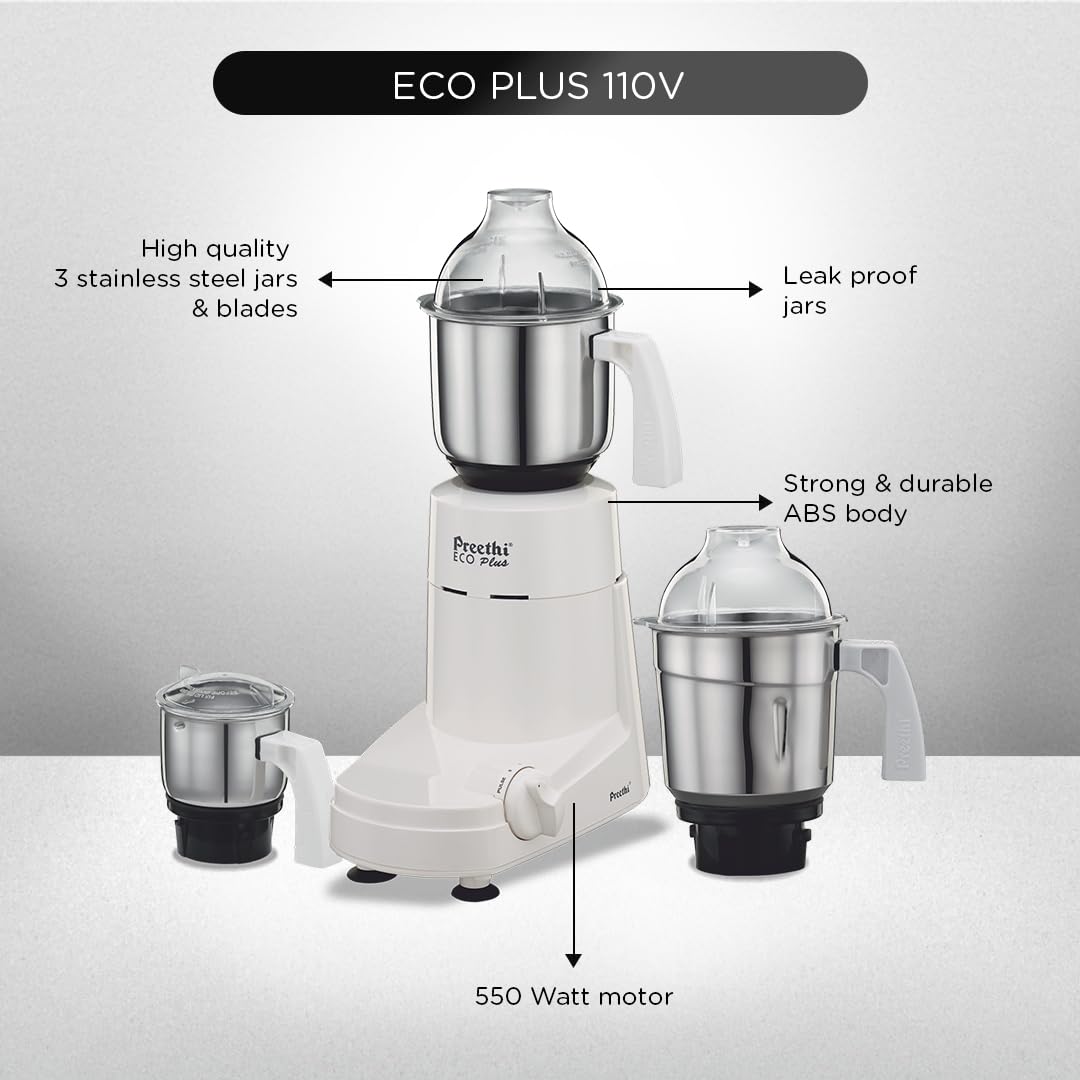 Preethi Eco Plus MG-138 110V, 550 Watt Mixer Grinder With 3 Jars (0.4L ...